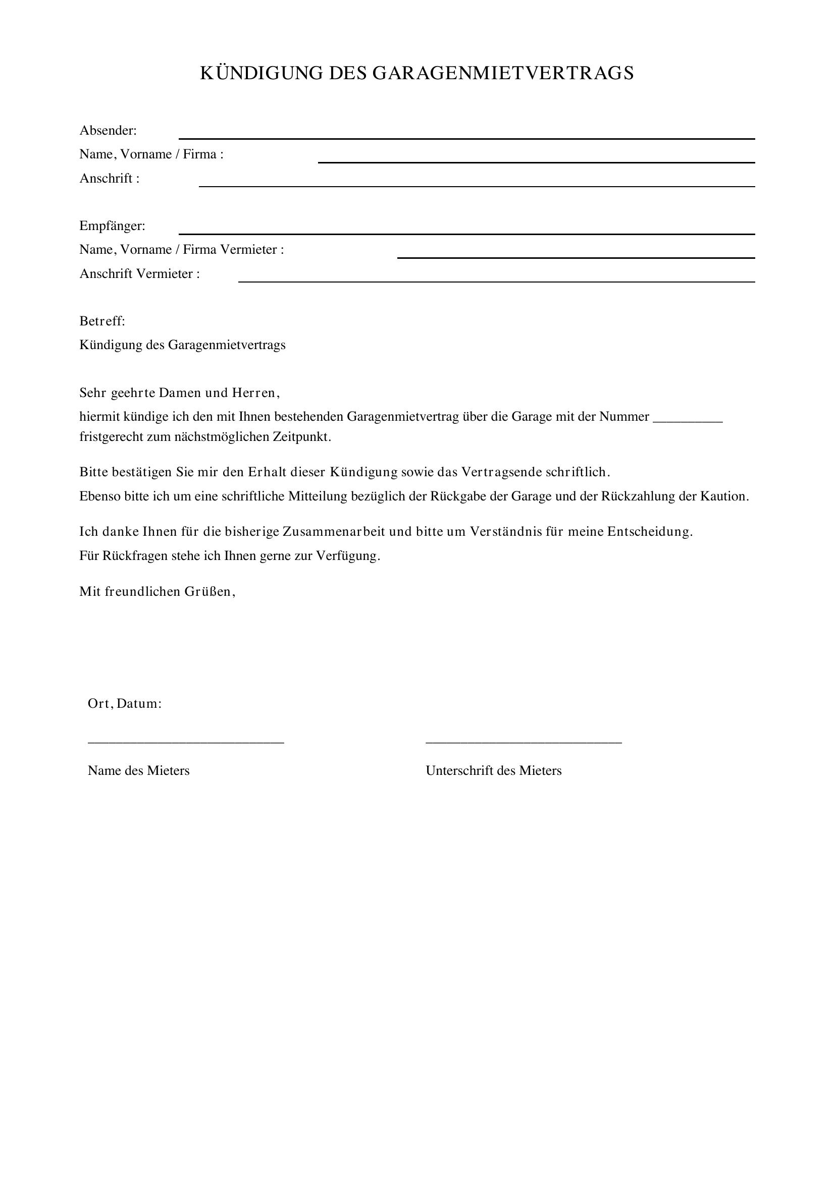 Schne Kndigung Garage Vorlage Pdf Vermieter Ebenbild