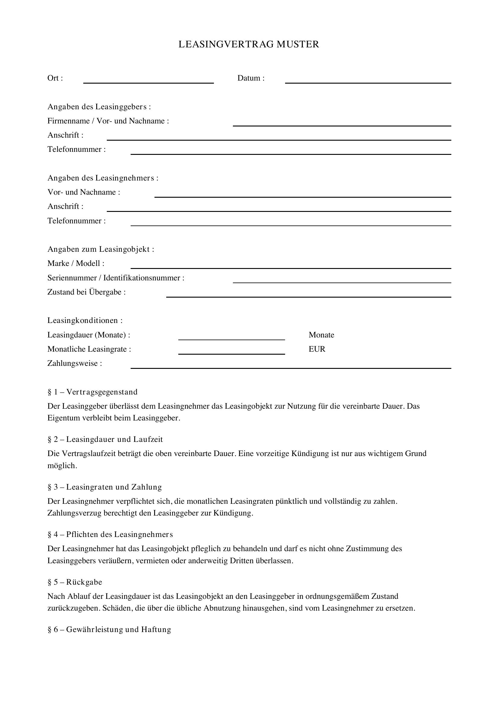 Leasingvertrag Muster